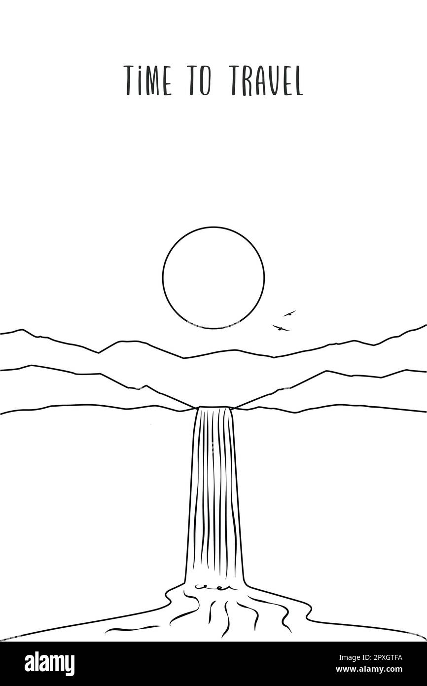 waterfall river in the mountains landscape black white outline Stock ...