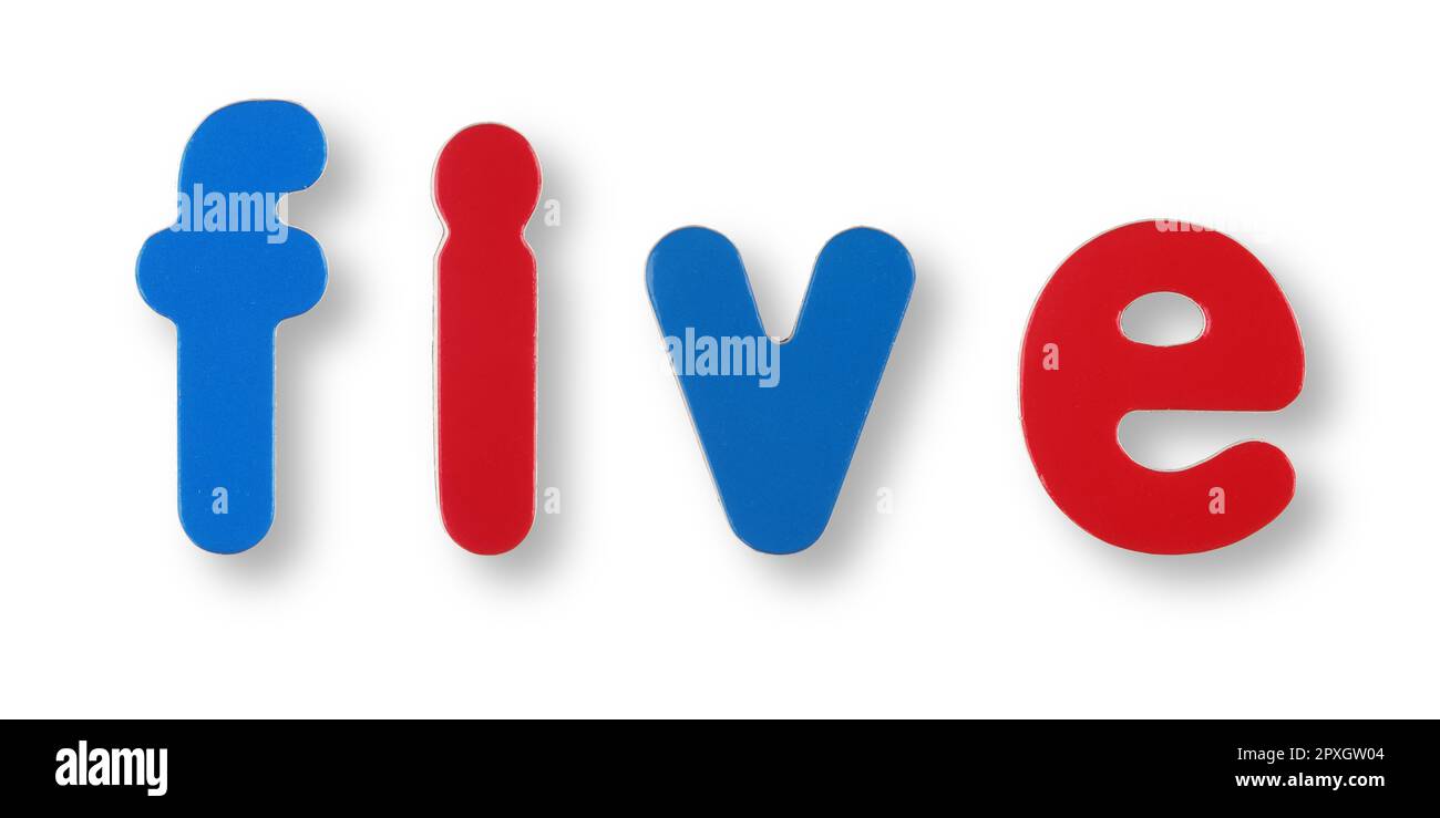 Five word in coloured magnetic letters on white with clipping path ...