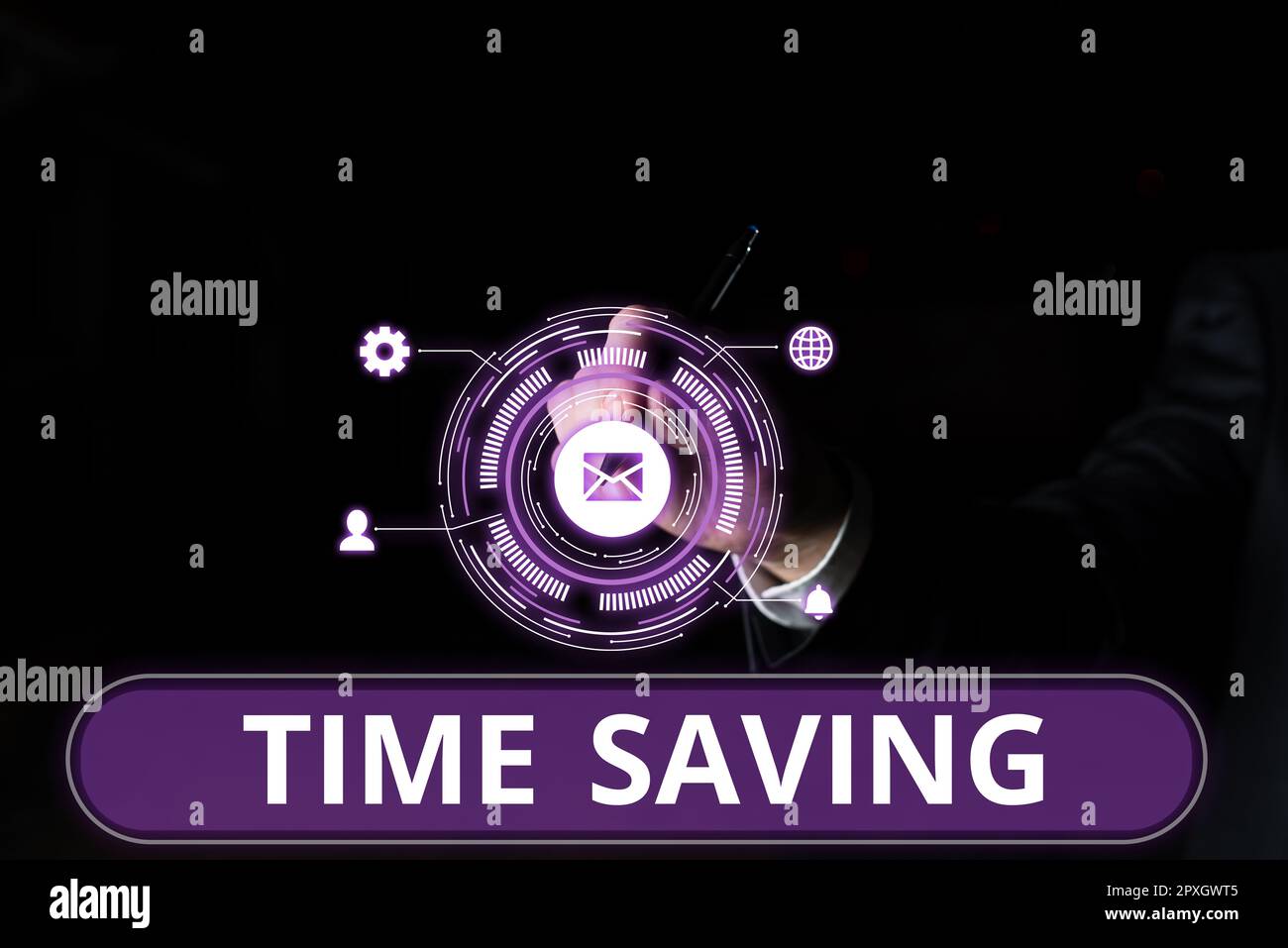 Hand writing sign Time Saving, Internet Concept the act of reducing the ...