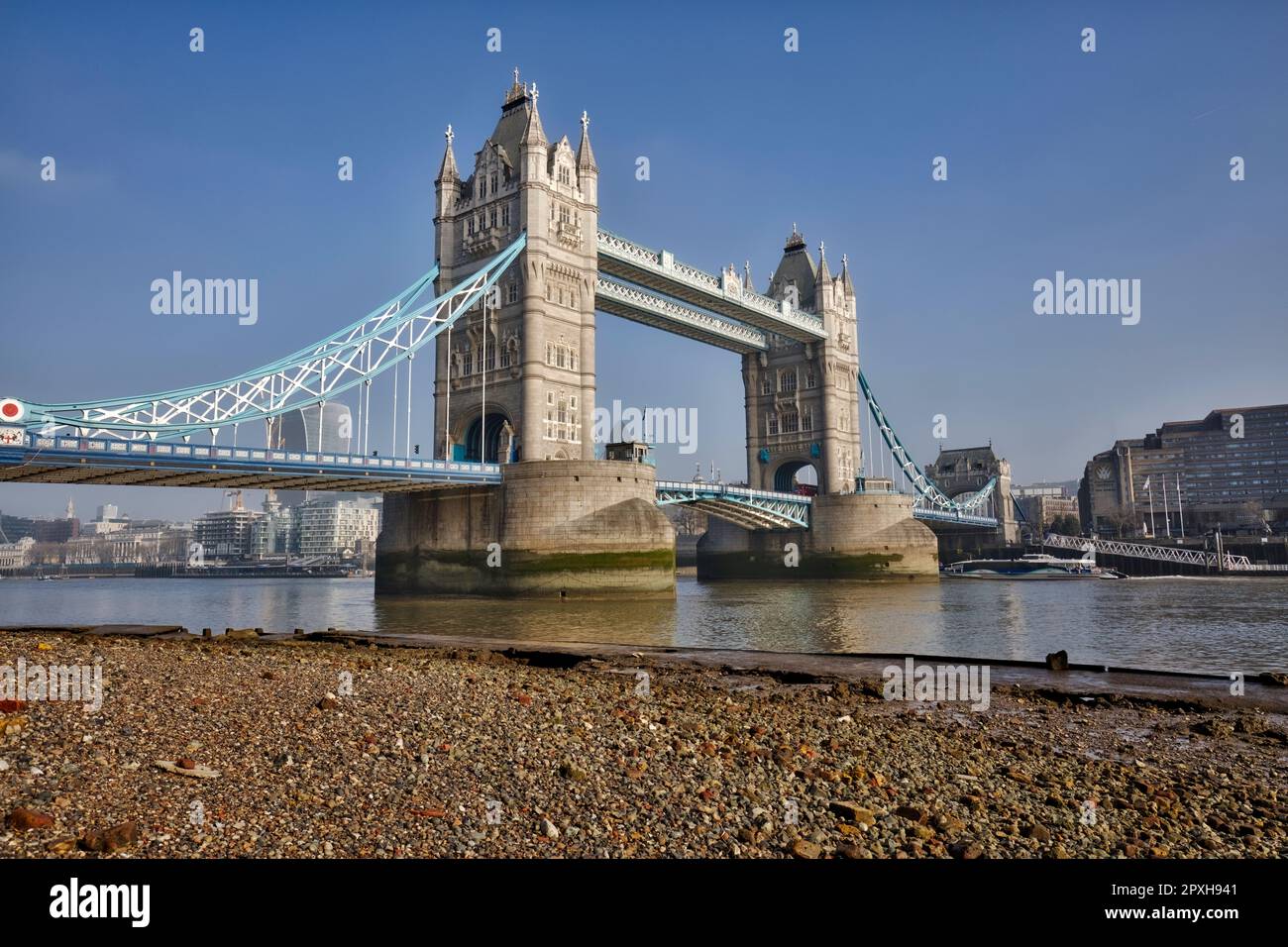 Tower Bridge over River Thames linking boroughs of Southwark and Tower ...