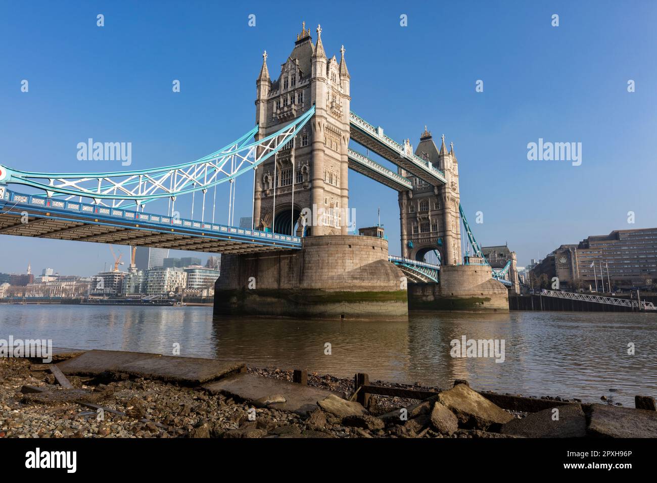 Tower Bridge over River Thames linking boroughs of Southwark and Tower ...