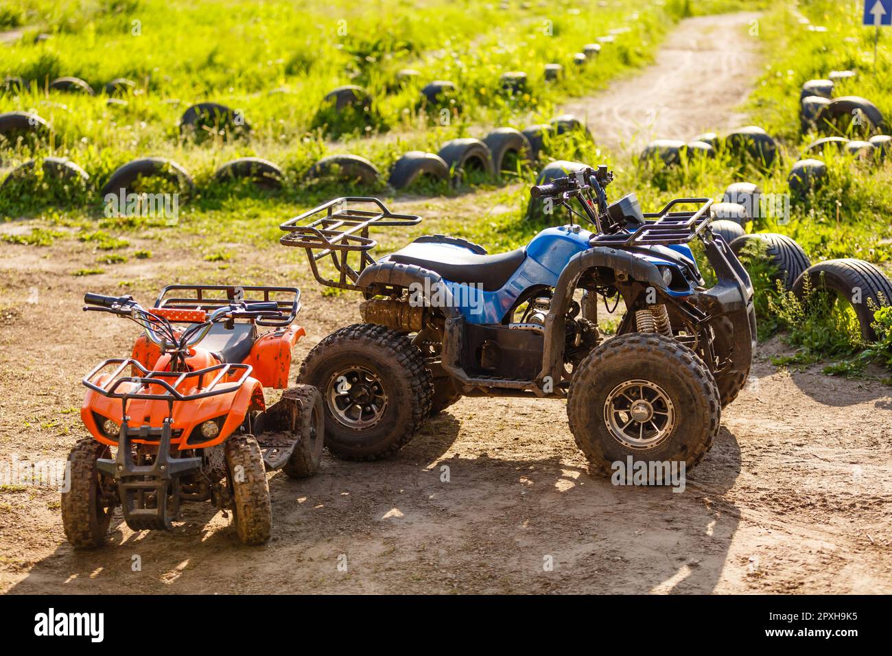 bottom view of modern yellow all-terrain vehicle standing in desert on ...