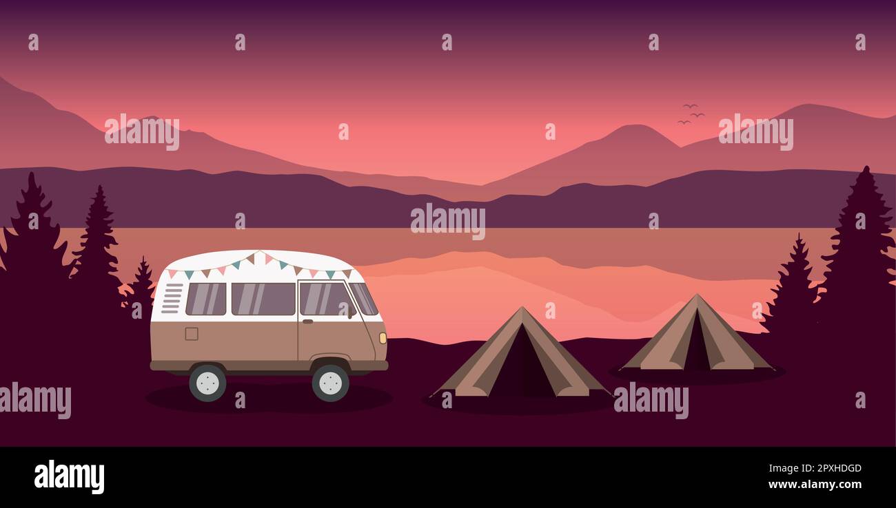 camping adventure in the wilderness with camper van and tent by the ...
