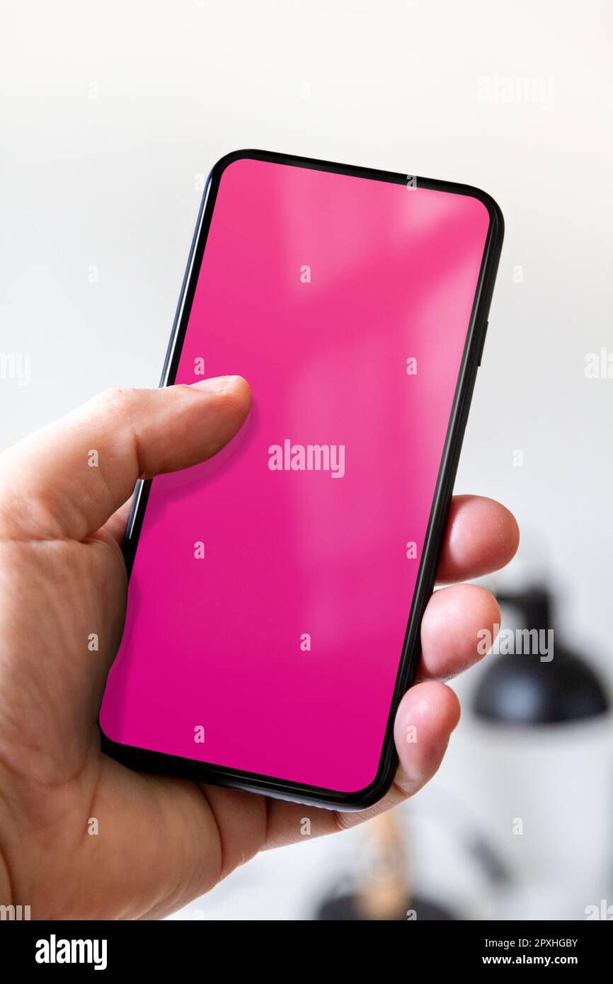 Hand holding a smartphone with blank pink screen. White office ...