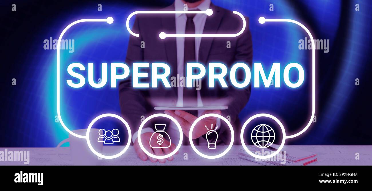 Hand writing sign Super Promo, Word Written on piece of publicity or ...