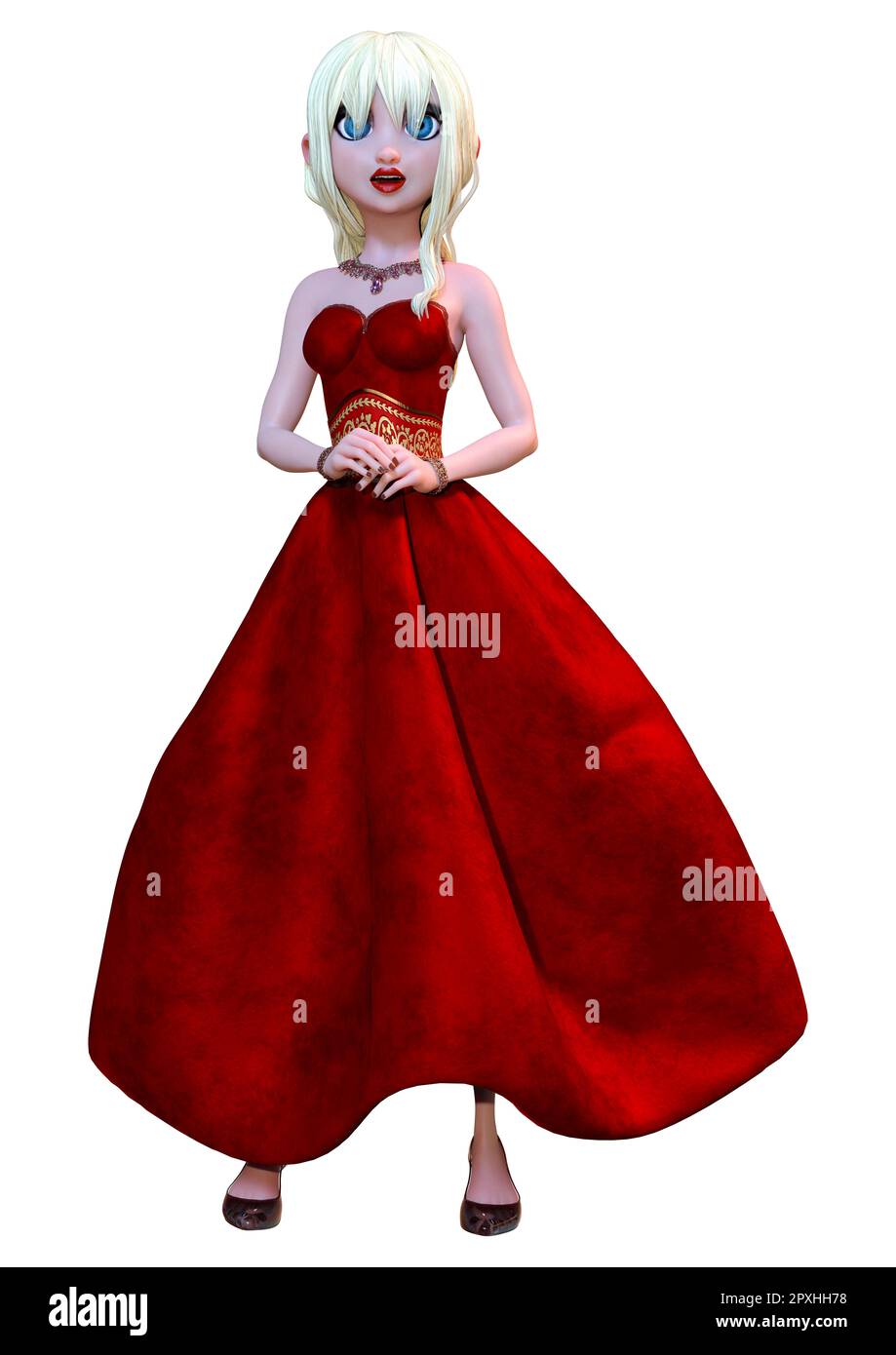 3D rendering of a cartoon fairy tale princess in a red dress isolated ...