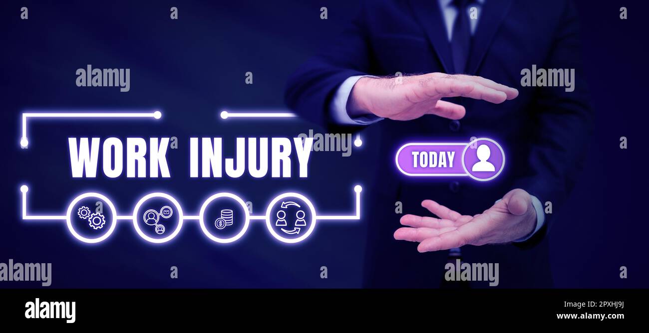 Sign displaying Work Injury, Word for Accident in job Danger Unsecure ...