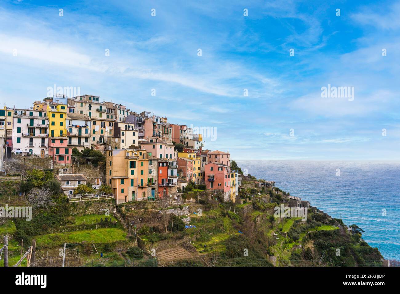 Scenic view of Coniglia village located in Cinque Terre, Italy Stock ...