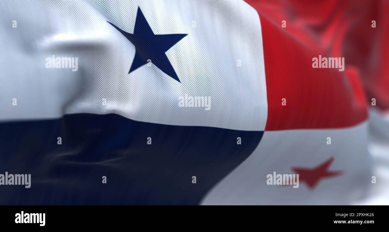 Close-up view of the Panama national flag waving in the wind. The ...