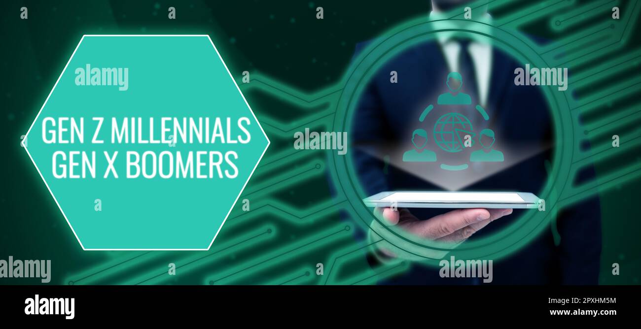 Text caption presenting Gen Z Millennials Gen X Boomers, Word Written ...