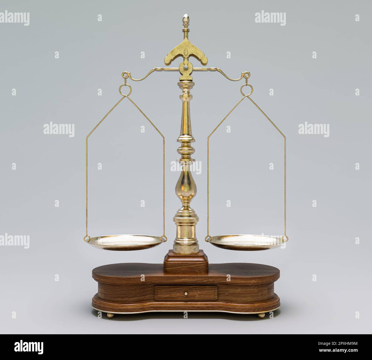 Ornate brass justice scales with a wooden base on a white isolated ...