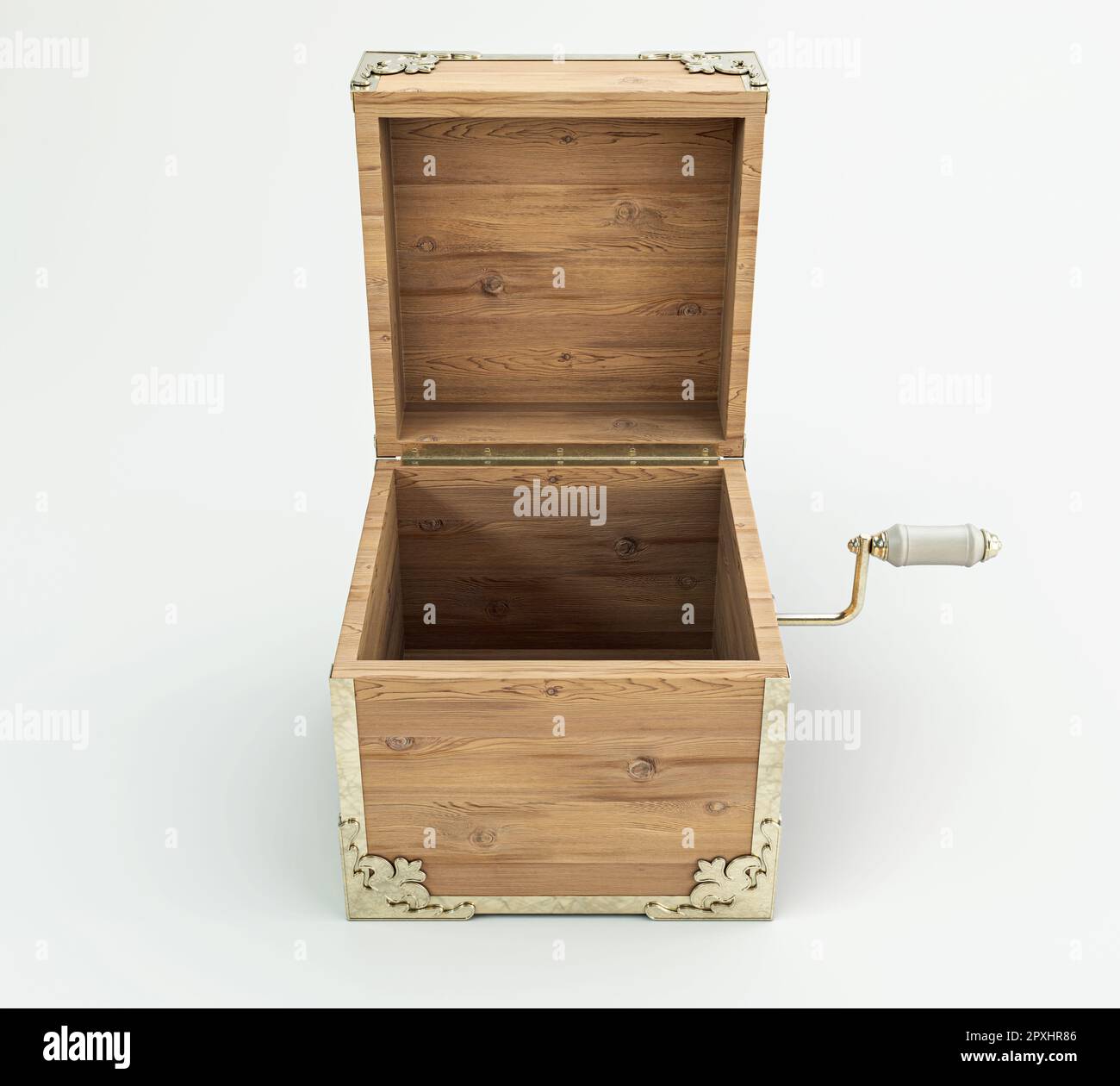 An open empty ornate antique open jack-in-the-box mad of wood and gold ...