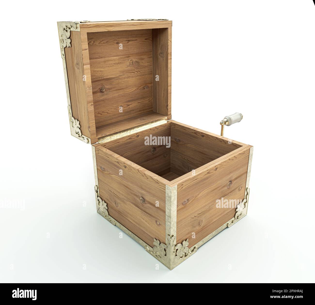 An open empty ornate antique open jack-in-the-box mad of wood and gold ...