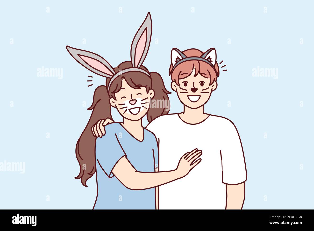 Boy and girl stand hugging with fake animal ears and painted mustaches ...