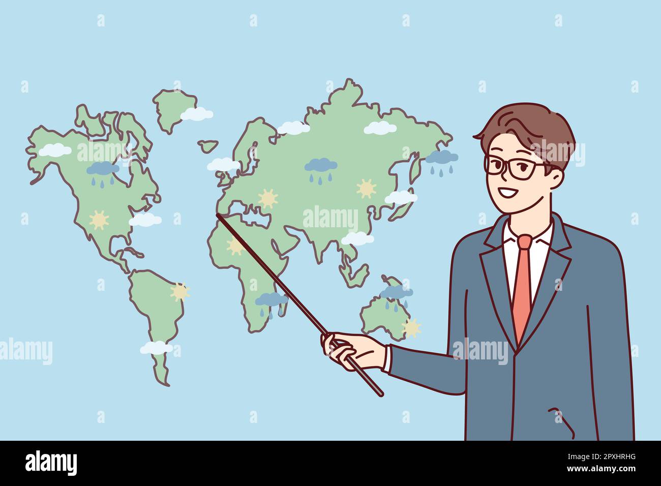 Man weather forecaster showing precipitation prediction map in ...