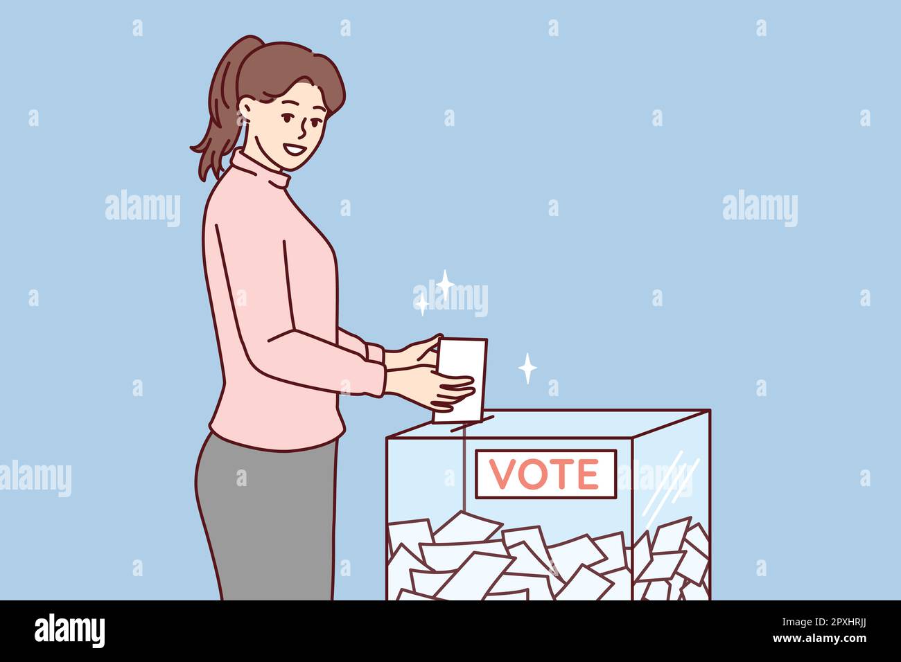 Woman throws ballot into glass box casting vote for presidential or ...