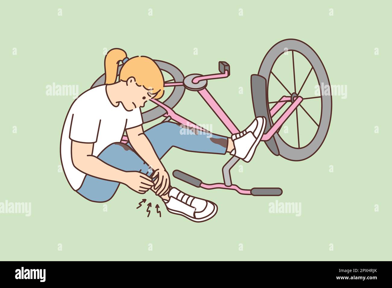 Small girl fall from bicycle break leg. Unhappy kid falling from ...