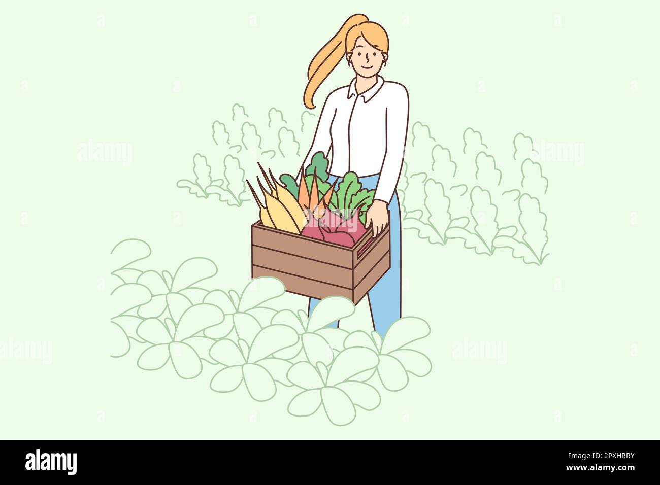 Smiling young woman with box of vegetables from farm. Happy female ...