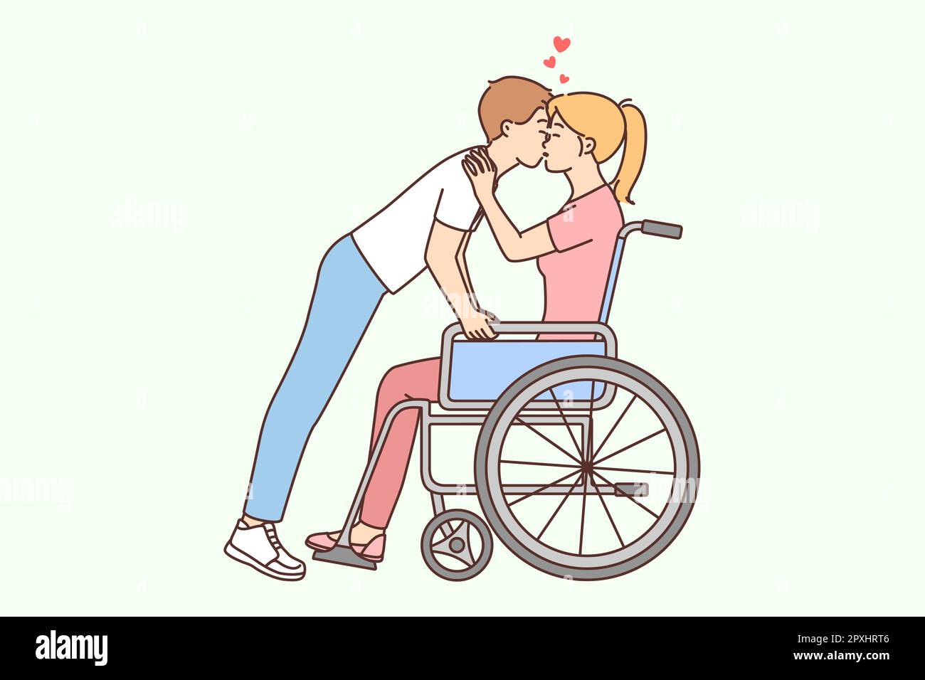 Young man kissing woman sitting in wheelchair. Guy show love and ...