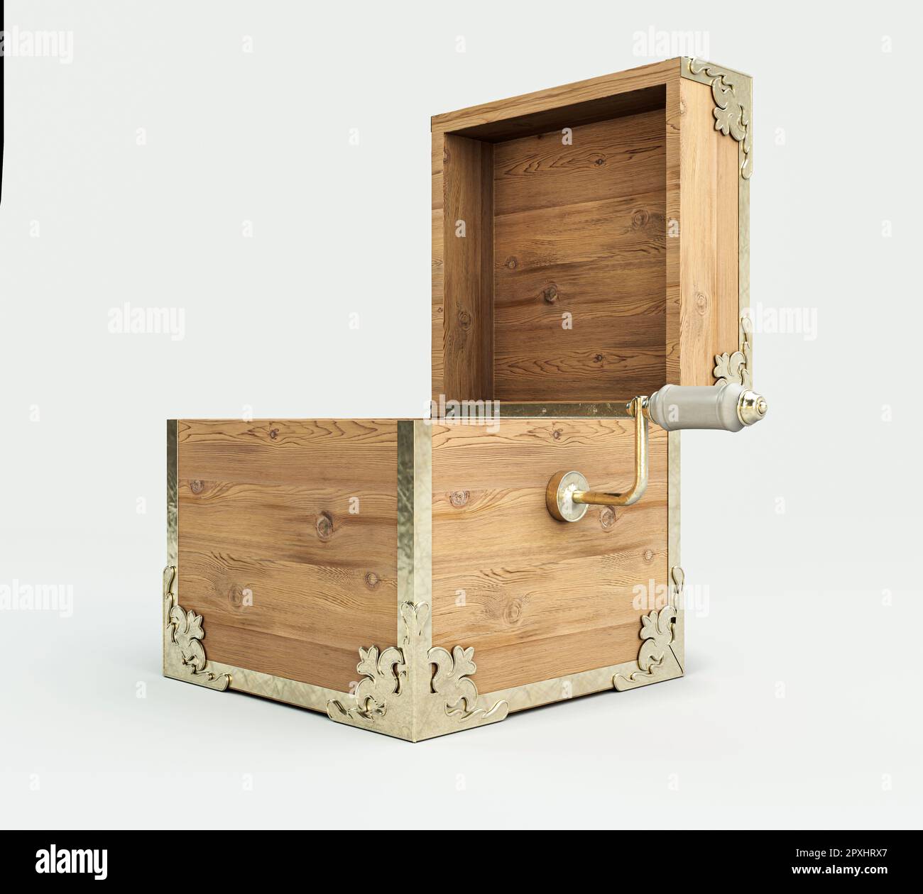 An open empty ornate antique open jack-in-the-box mad of wood and gold ...