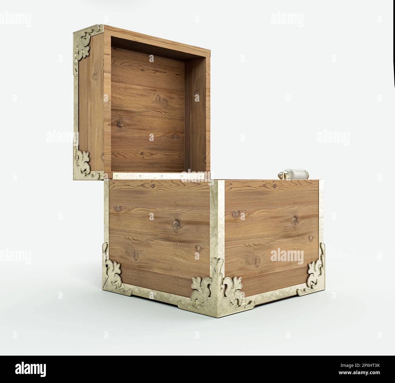 An open empty ornate antique open jack-in-the-box mad of wood and gold ...