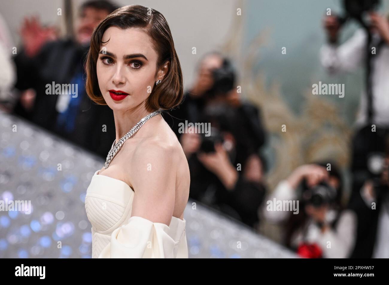 New York, USA. 01st May, 2023. Lily Collins walking on the red carpet at the 2023 Metropolitan ...