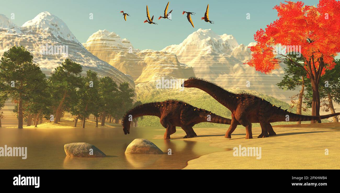A flock of Dsungaripterus Pterosaurs fly over two Alamosaurus sauropod ...