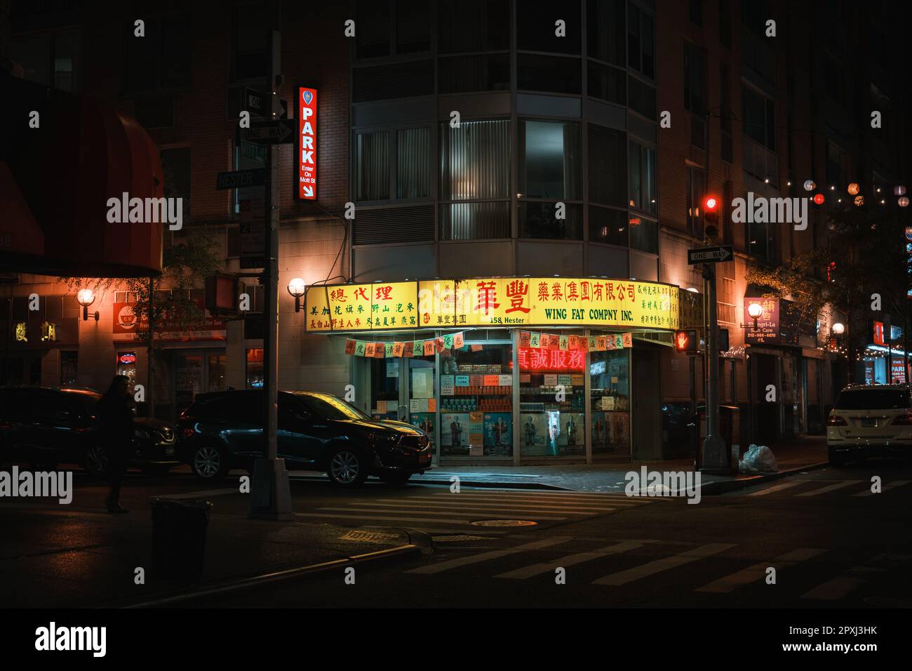 Wing Fat Company sign at night in Chinatown, Manhattan, New York Stock ...