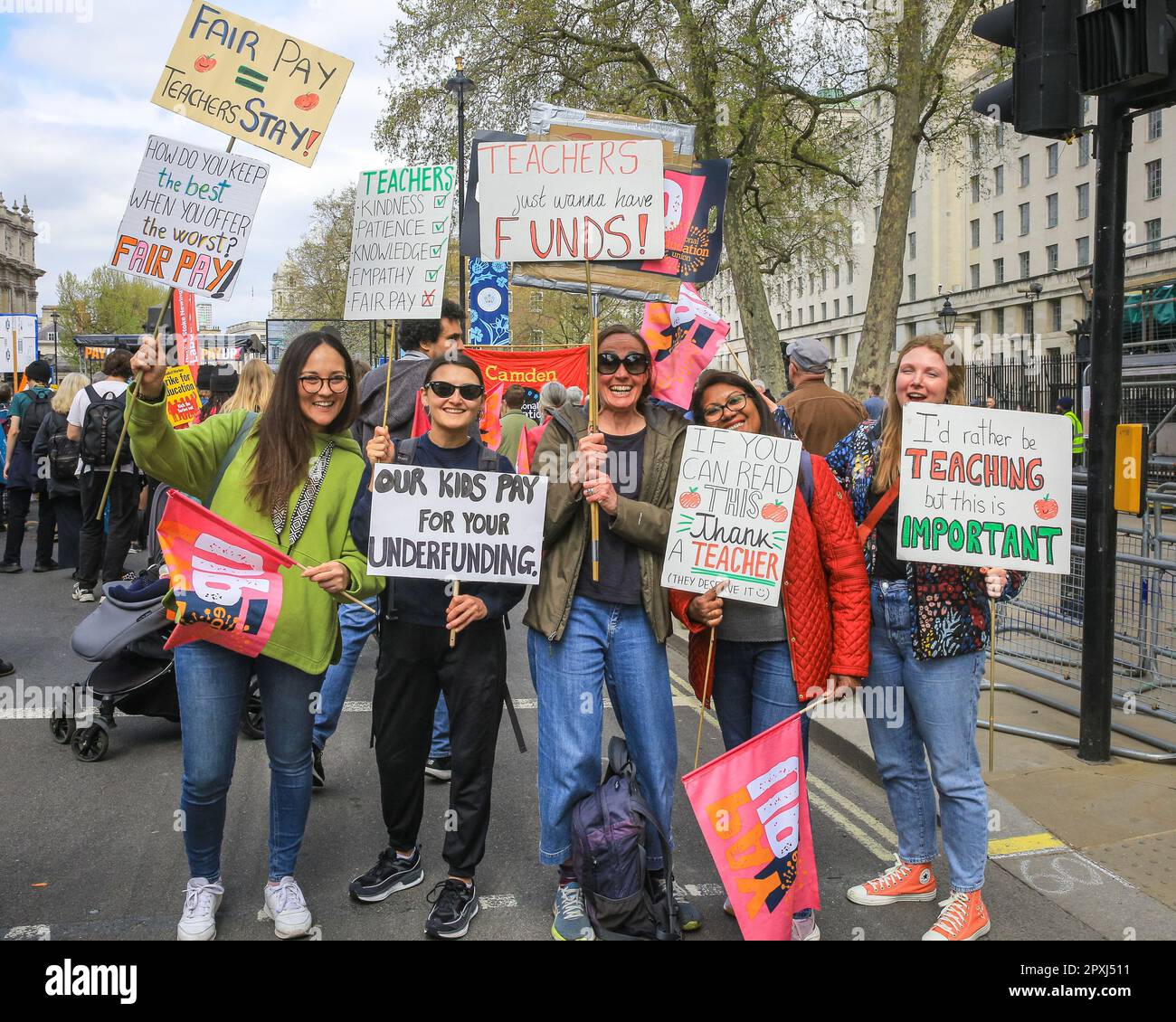 London, UK. 02nd May, 2023. A group of young teachers with placards ...