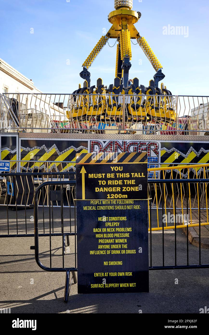 Fairground Thrill ride rules and warning board. England, UK Stock Photo ...