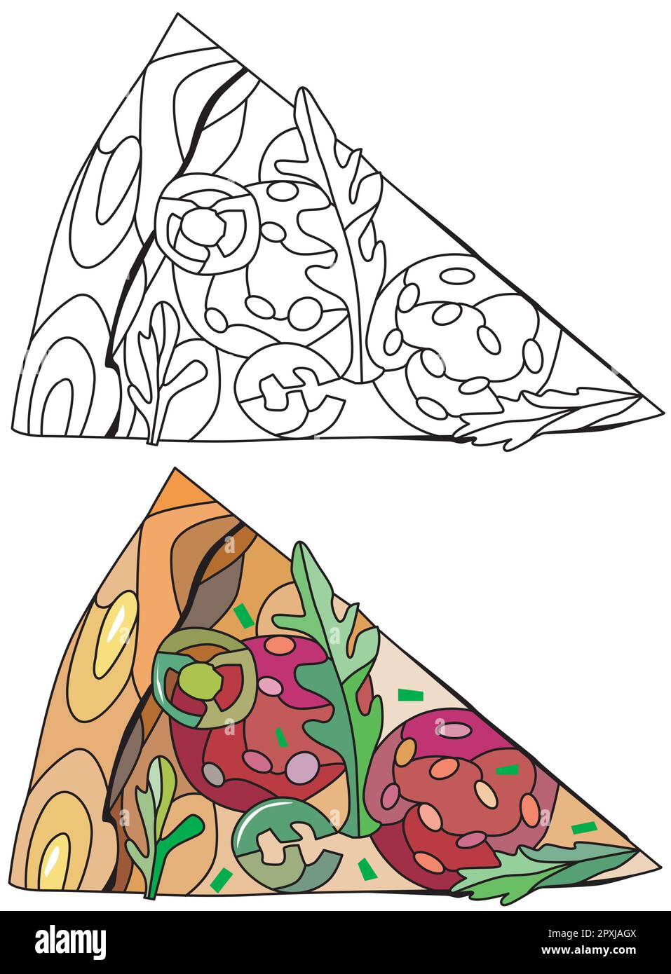 Pizza slice in decorative style for coloring on white background ...