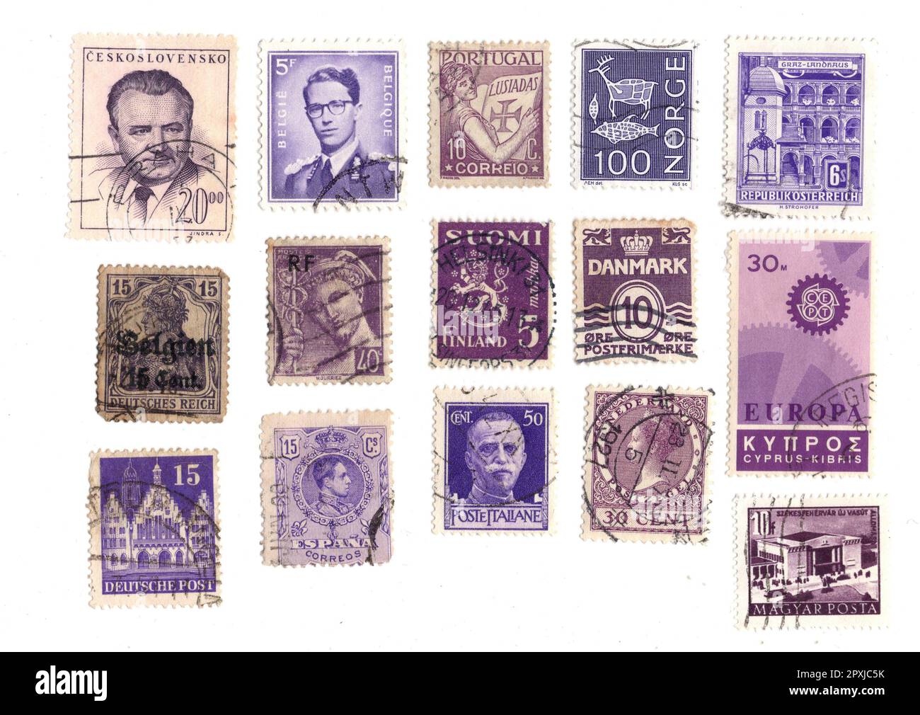 Purple vintage postage stamps from Europe isolated on a white ...
