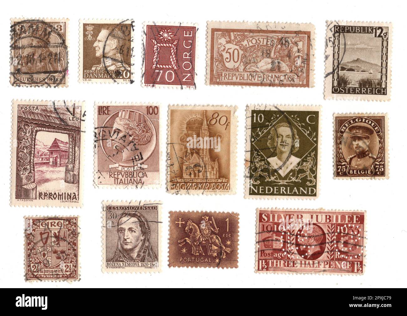 Brown vintage postage stamps from Europe isolated on a white background ...