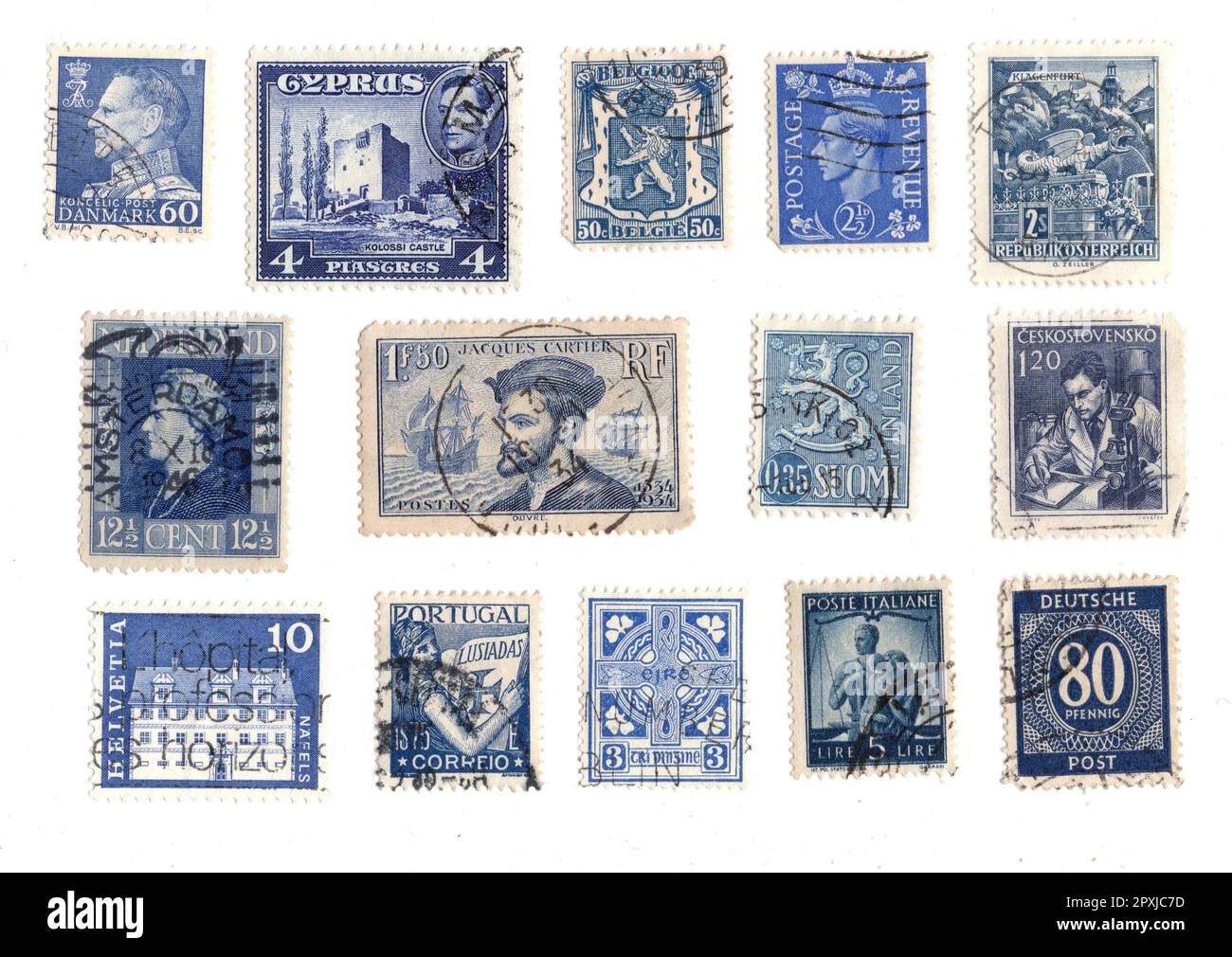 Blue vintage postage stamps from Europe isolated on a white background ...