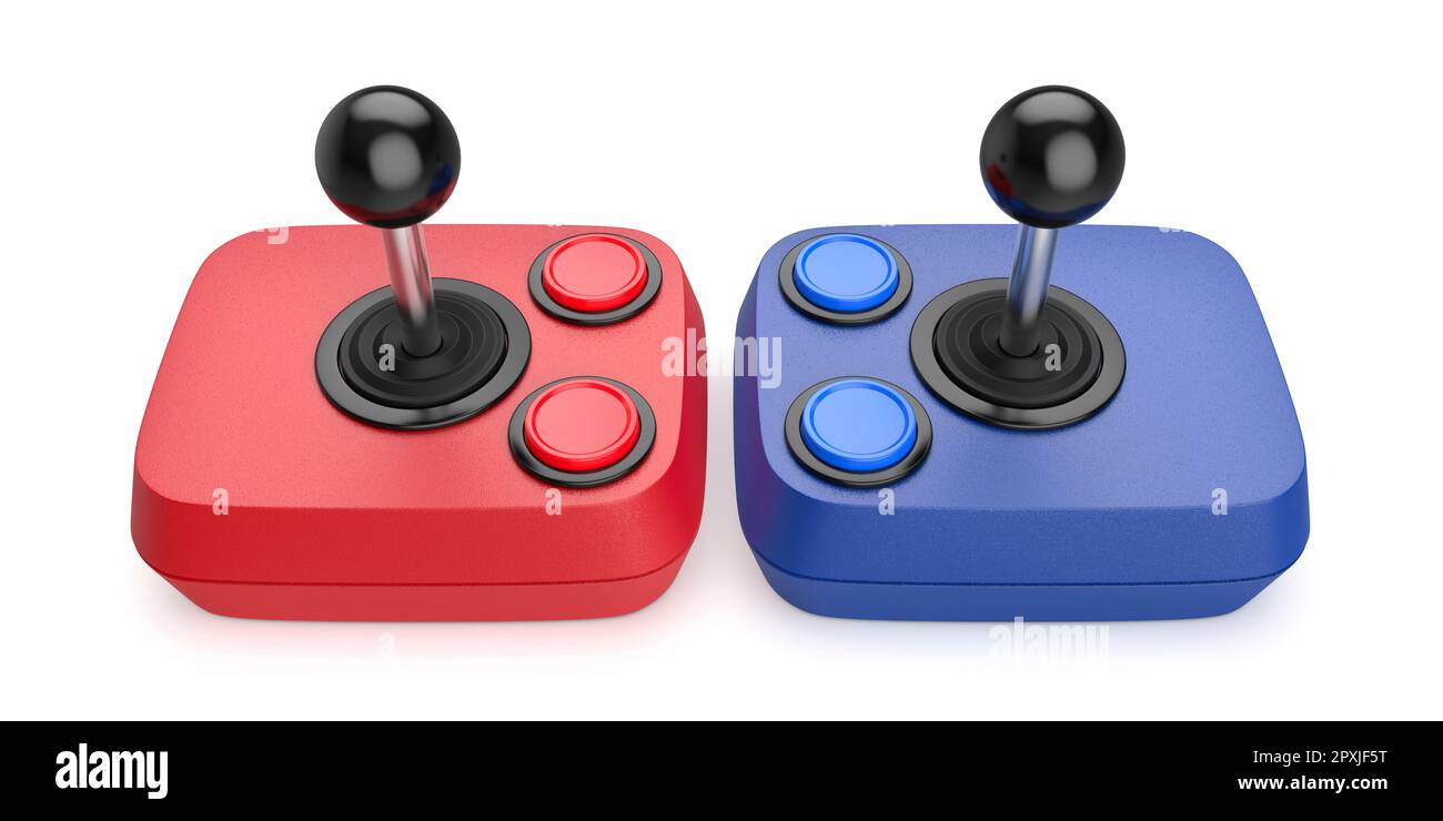 Red and blue computer joysticks on white background Stock Photo - Alamy