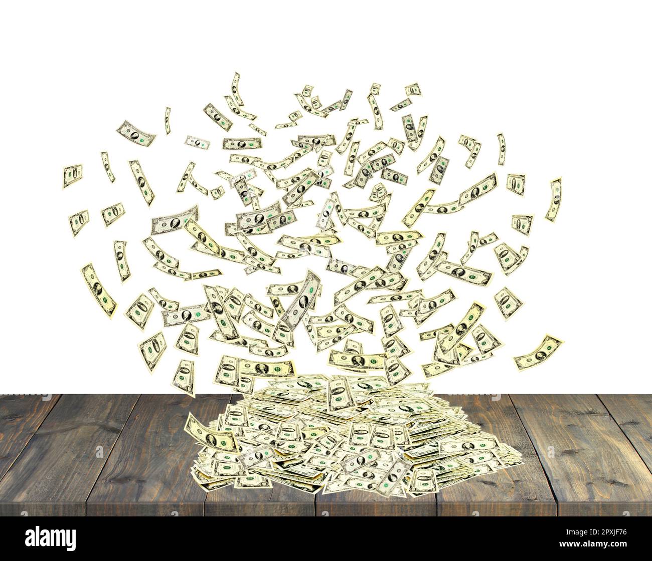 pile of dollars flying away from wooden stand. Wind blowing bunch of ...