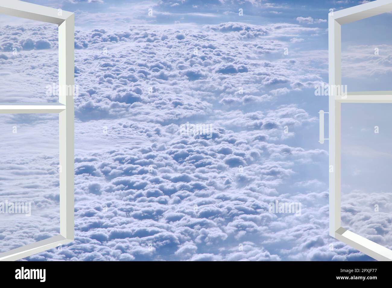 View to white clouds from open room window. Sky panorama. View above ...