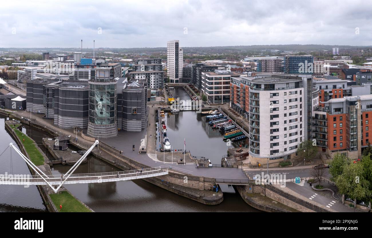 An aerial panoramic view of a Leeds cityscape skyline with modern ...