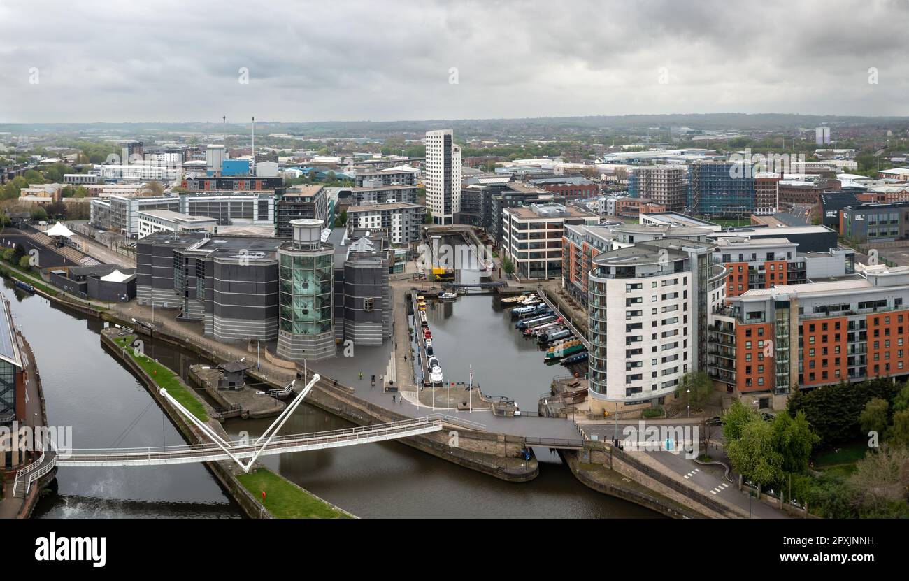 An aerial panoramic view of a Leeds cityscape skyline with modern ...