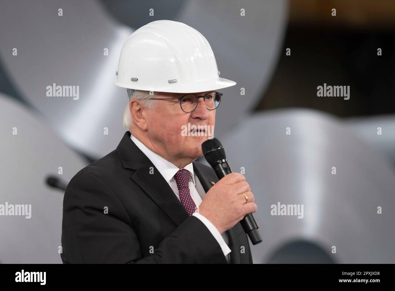 Federal President Frank-Walter STEINMEIER, with helmet, sheet steel ...
