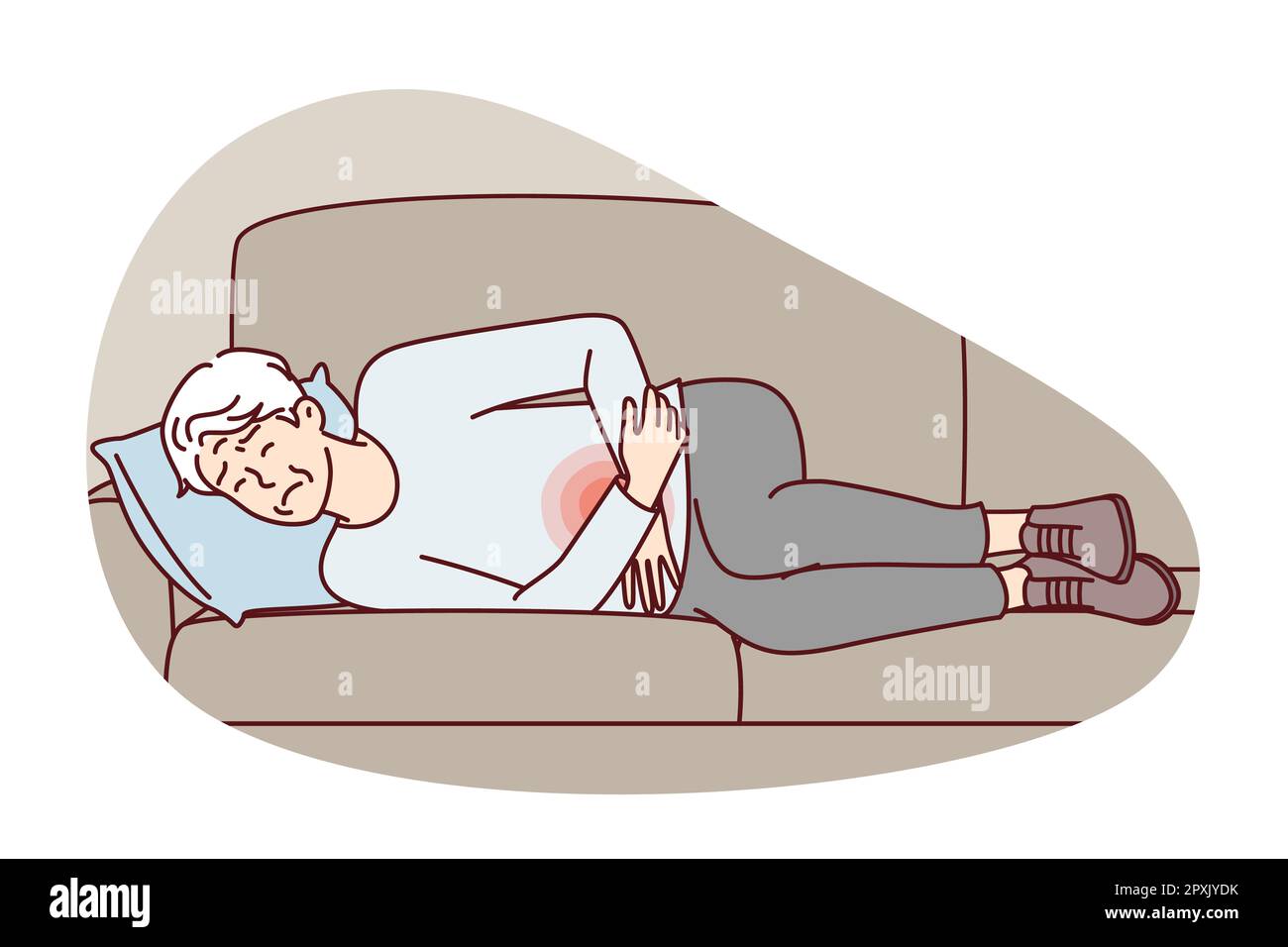 Elderly human is experiencing pain in stomachs and weakness after food ...