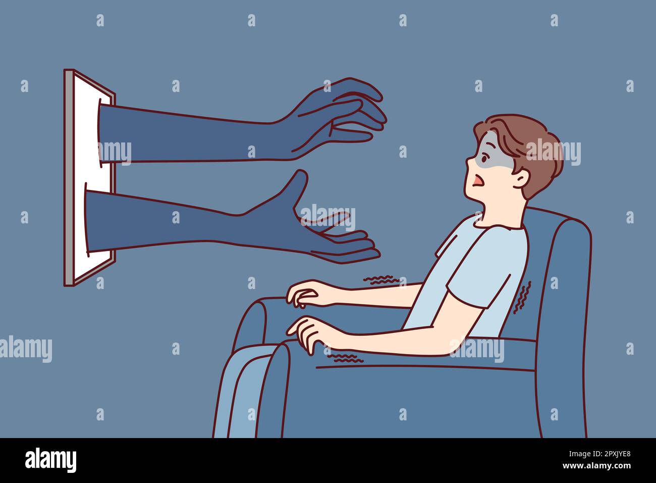 Man sitting in chair in front TV gets scared when sees hands reaching ...