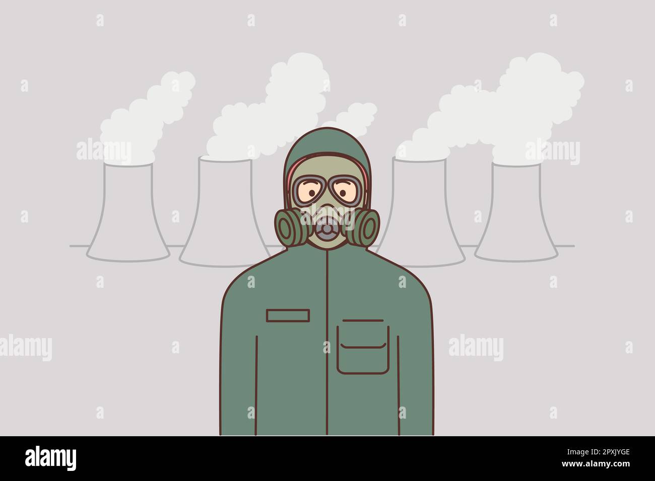 Man in protective costume and mask work at chemical plant suffer from ...