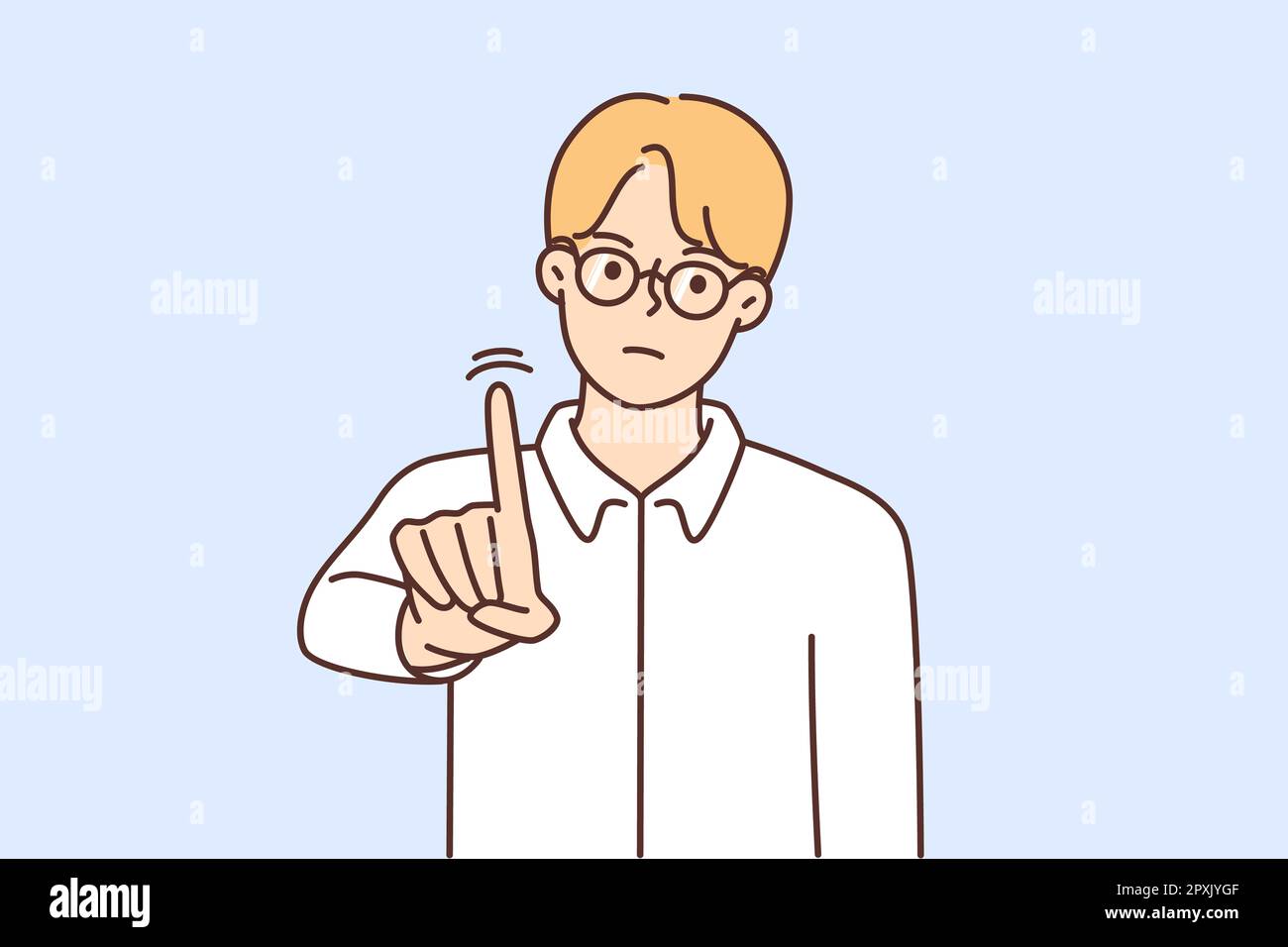 Serious young man in glasses showing finger saying no. Decisive man ...