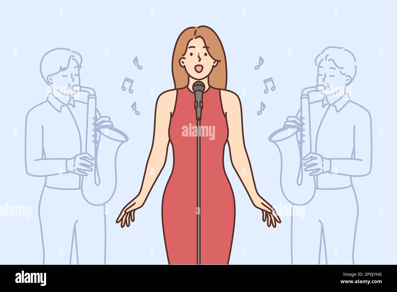 Young female singer singing on stage with band. Beautiful woman ...