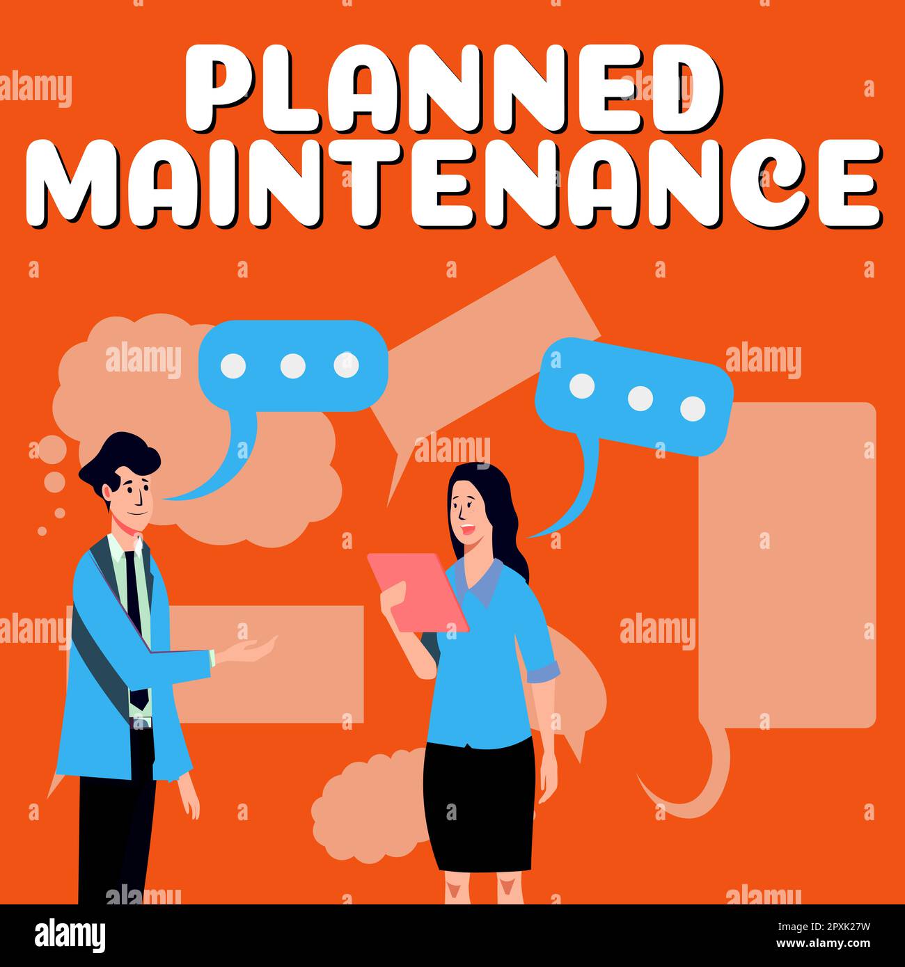 Sign displaying Planned Maintenance, Business overview Check ups to be ...