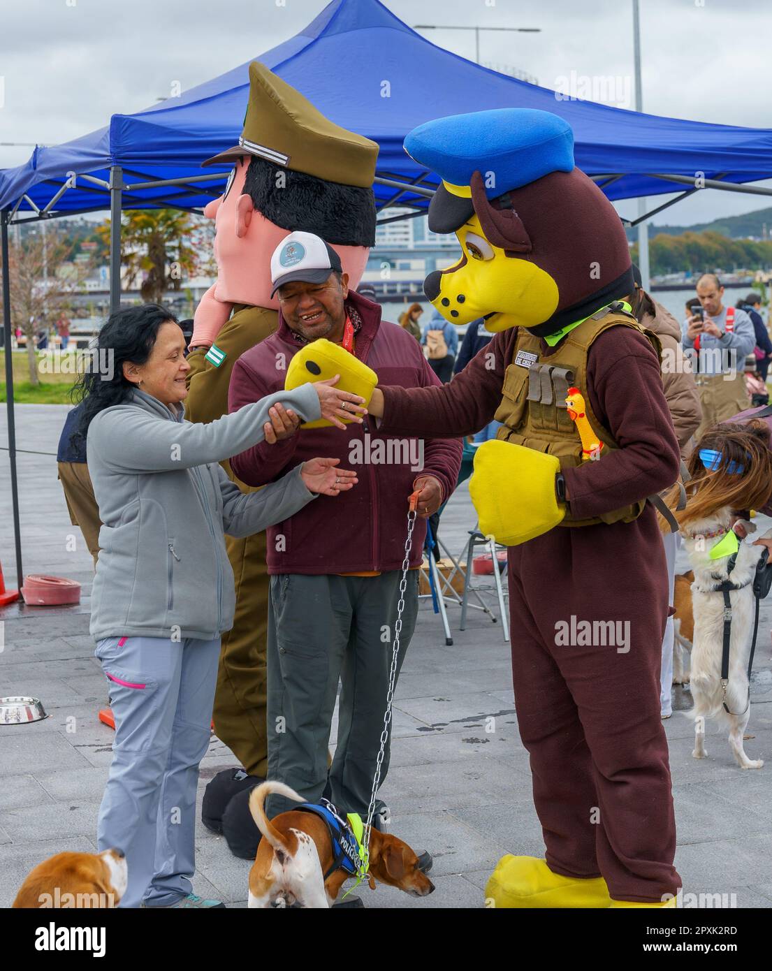 A group of cheerful mascots dressed in military uniforms on the street ...