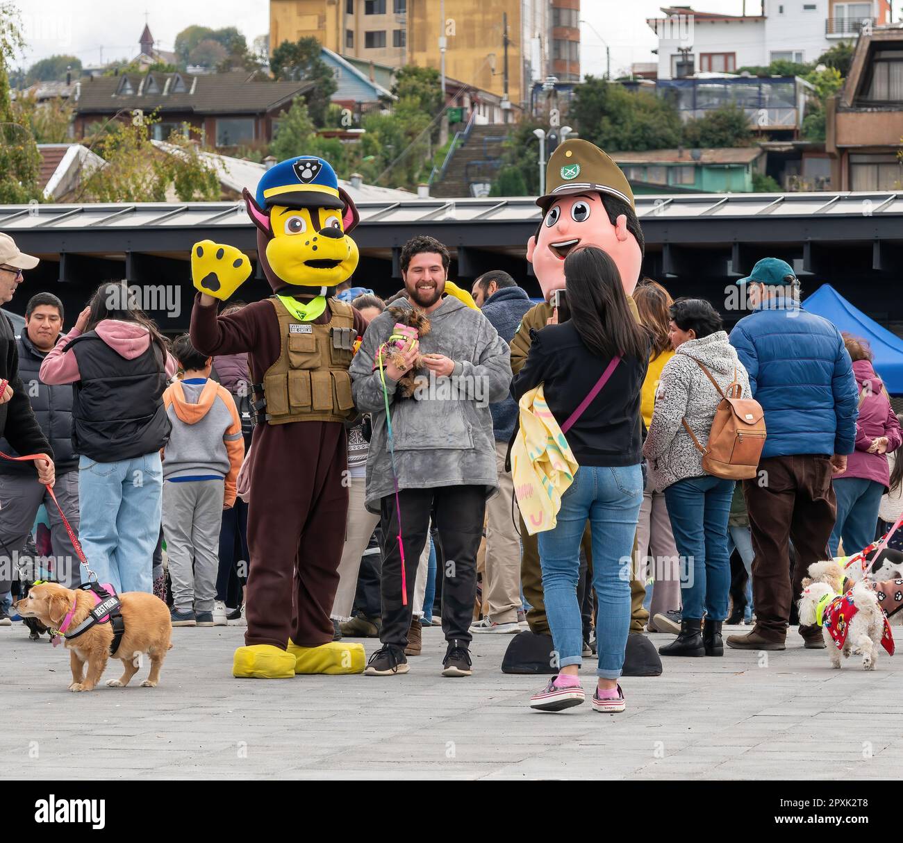 A group of cheerful mascots dressed in military uniforms on the street ...