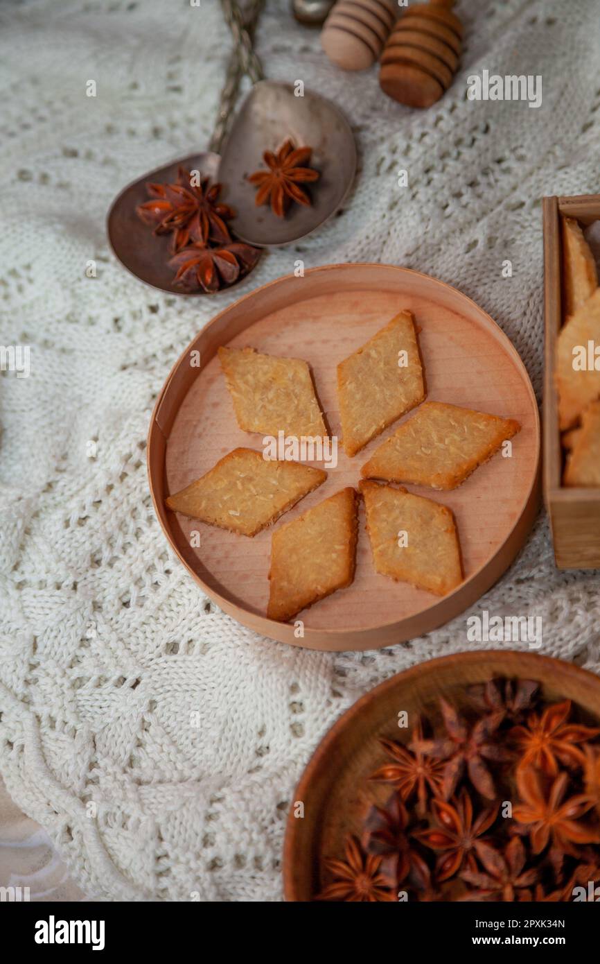 Homemade cookies with coconut. Rhombus shaped cookie. Sweet food ...