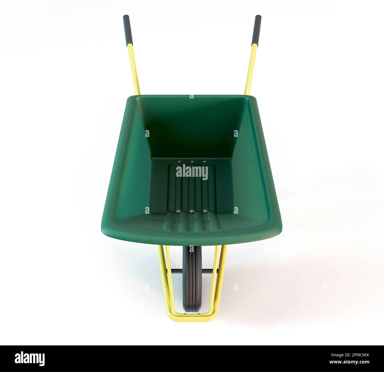 A typical green and yellow garden wheelbarrow on an isolated white ...